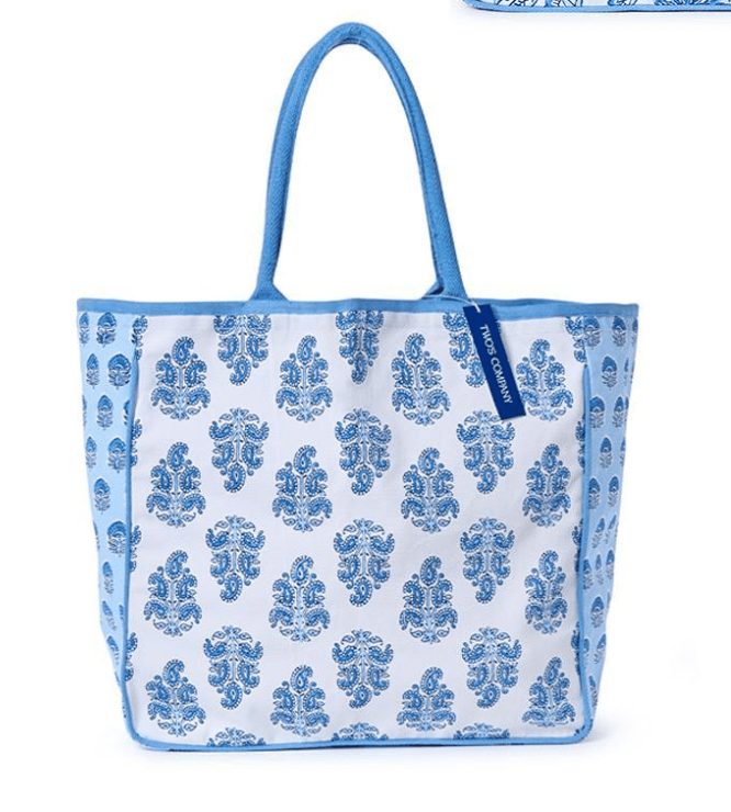 White & Blue Block Print Tote Bag
